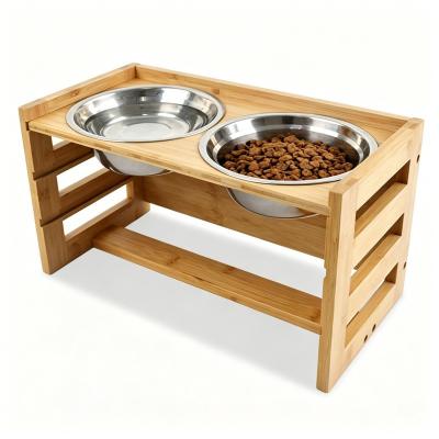 China Height Adjustable Bamboo Elevated Dog Bowls Raised Pet Feeder Stand for sale