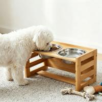 China Height Adjustable Bamboo Elevated Dog Bowls Raised Pet Feeder Stand for sale