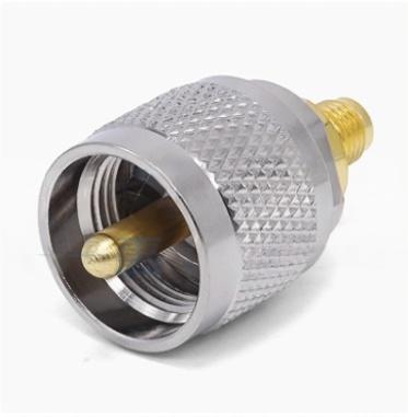 China UHF Male to SMA Female RF Adapter with 50Ω Impedance Matching, Gold-Plated Brass Contacts, and Low VSWR ≤1.25 for Walkie-Talkie and RF Applications for sale