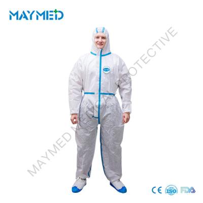 China SMS Disposable Body Suit Type 5/6 With Hood And Tapes ISO9001 and ISO13485 for sale