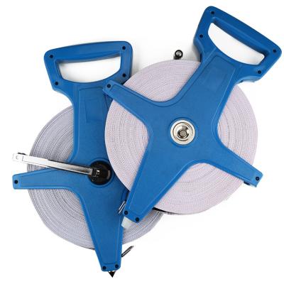China Blue Open Reel Fiberglass Surveyors Tape Measure 400FT 121M Durable Waterproof for sale