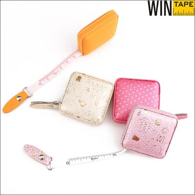 China Wintape Floral PU Leather Square Body Tape Measure 150cm 60inch Mini Sewing Cloth Tailor Measuring Tape for sale
