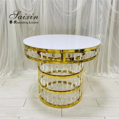 China Saixin 75cm x 80cm Stainless Steel Hanging Crystal Cake Stand for Weddings in Gold/Silver for sale