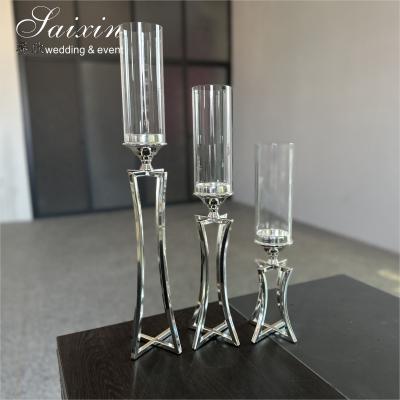 China Silver Metal Wedding Candlestick Holder Set - 3 Piece Centerpiece in 40cm/50cm/60cm Sizes with Crystal Accents for sale