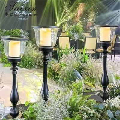 China Black Candle Holder 3 Piece Set Metal Wedding Decoration Glass Candlestick Centerpiece 60cm 65cm 70cm for sale