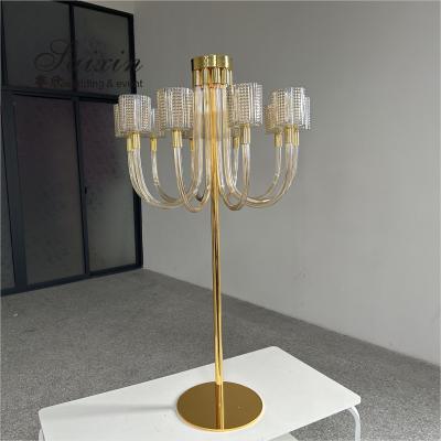 China 10-Arm Crystal Candelabra Wedding Centerpiece - 130cm Height Gold Metal Candle Holder with Custom Colors for sale