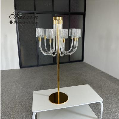 China Saixin Large Gold Metal Stand 10-Arm Glass Candelabra 130cm Height for Wedding Centerpieces for sale
