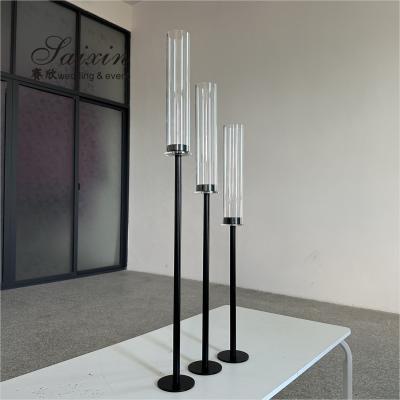 China 3pcs Set Long Stem Gold Candle Holder with Chimney Tubes 80cm Wedding Table Decor for sale