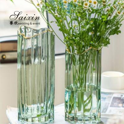 China Wholesale Gold Rim Glass Vase 30cm Height 10cm Width Crystal Wedding Party Home Decoration for sale
