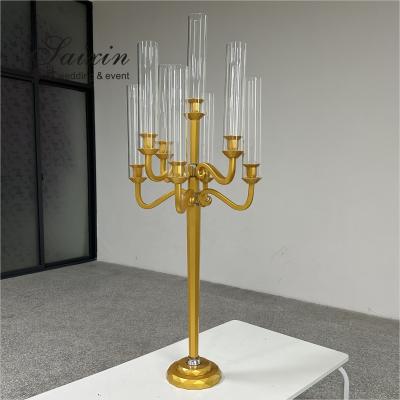China 120cm Crystal Glass Candelabra 9 Arms Tall Crystal Candlestick for Wedding Centerpiece for sale