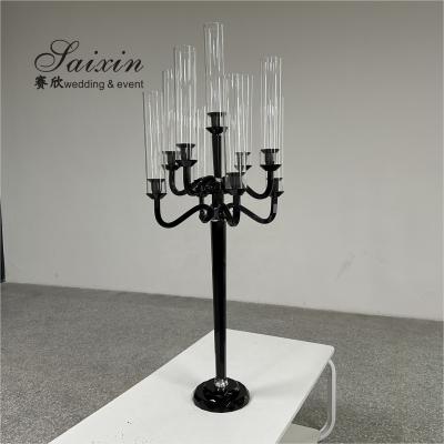 China ZT-271B Tall Black 9 Arm Candlestick Holder 120cm Metal Wedding Table Centerpiece for sale