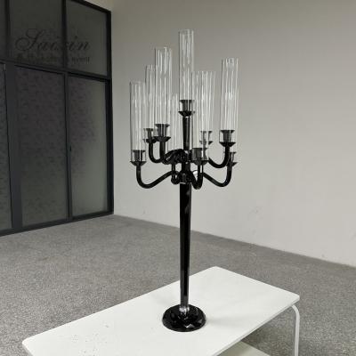 China ZT-271B 9-Arm Crystal Candelabra with Black Glass - 110CM Height Wedding Table Centerpiece for sale