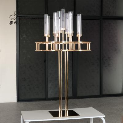 China 13 Arms Gold Metal Candelabra 150cm Tall Wedding Centerpiece Decorative Candle Holder for sale