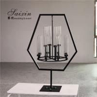 China Pentagon Black Metal Frame Hanging Chandelier Candle Holder 135cm Height Wedding Decoration for sale