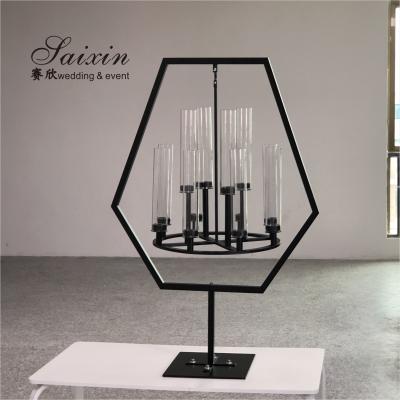 China Pentagon Black Metal Frame Hanging Chandelier Candle Holder 135cm Height Wedding Decoration for sale