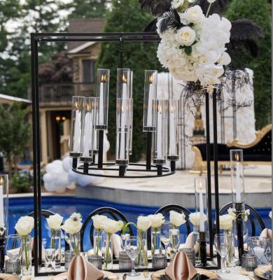 China Custom Black Metal Frame Hanging Chandelier Candle Holder 120cm H x 90cm W for Wedding Centerpiece for sale
