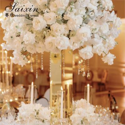 China Gold Mirror Pillar Flower Stand 120cm Tall Acrylic Wedding Centerpiece for Events for sale