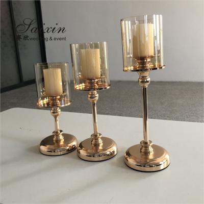 China Gold Metal Candle Holder Centerpiece Set 3 Sizes 26cm 31cm 36cm Glass Tube Wedding Decoration for sale