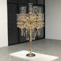 China Crystal Hurricane Candle Holder Amber Color Candelabra 135cm Tall for Wedding Event for sale