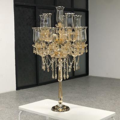 China Crystal Hurricane Candle Holder Amber Color Candelabra 135cm Tall for Wedding Event for sale