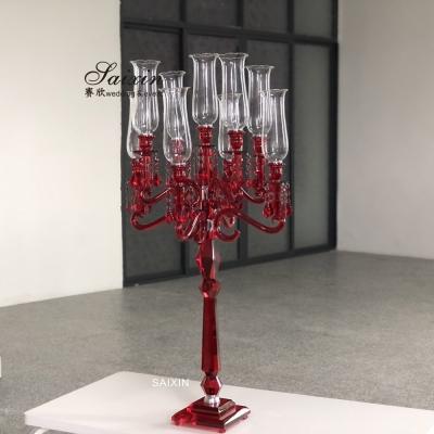 China 9 Arms 130cm Crystal Glass Candelabra Hurricane Red Blue Clear Wedding Table Centerpiece for sale