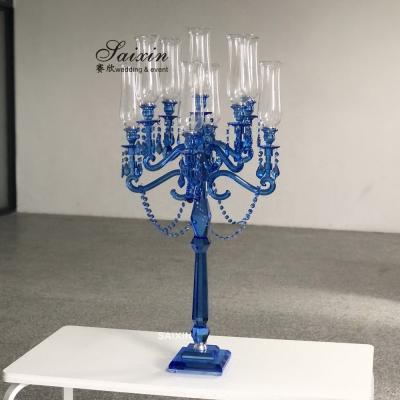 China ZT-101B 9 Arm Crystal Glass Candelabra 130cm Blue Wedding Table Decoration for sale