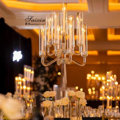 China Crystal Glass Candelabra 9 Arms Tall Wedding Centerpiece Table Decoration 120cm for sale