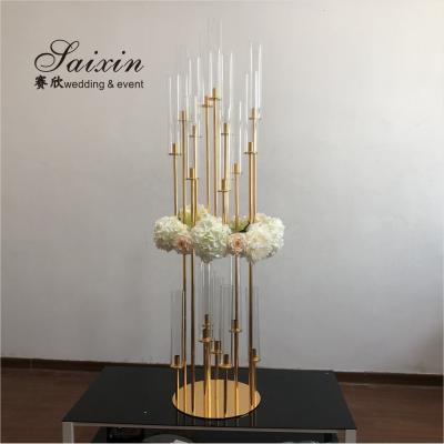 China Antique Double 20 Holder Metal Crystal Candelabra 160cm Tall Glass Tube Candlestick for sale