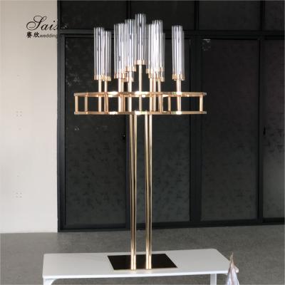 China Luxury 13 Arm Candle Holder 80cm Gold Flower Stand Wedding Table Centerpiece Glass Metal for sale