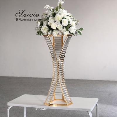 China Metal Gold Triangle Crystal Flower Stand 95cm Tall Wedding Event Home Decor Support for sale