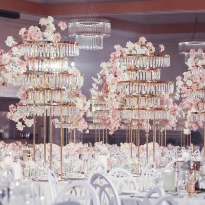 China Gold Wedding Table Tree Centerpiece with Triangle Crystals 40cm Metal Decoration for sale
