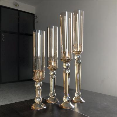 China Wholesale 4 Piece Champagne Gold Crystal Candle Holder Set 55cm Wedding Decor for sale