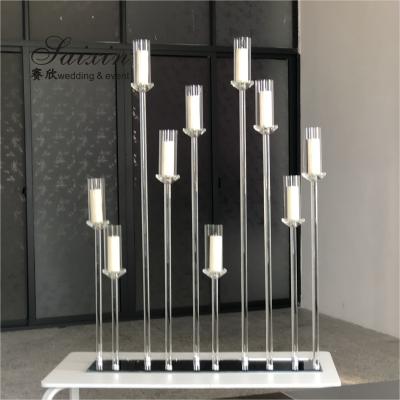 China Crystal Candlestick Centerpiece 10 Holder Long Base 145cm Clear Glass Wedding Event Decor for sale