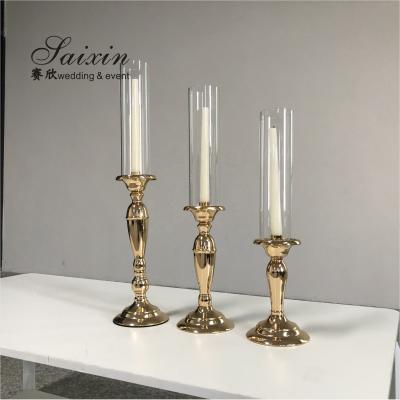 China SAIXIN 3-Piece Gold Metal Candelabra Set with Glass Holders - 42cm, 49cm, 56cm Heights for Wedding Centerpiece Decor for sale