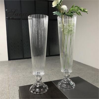 China 30 Inch Tall Clear Glass Vase with Striped Cone Design - 76cm Height, 20cm Width for Wedding Decor for sale