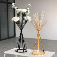 China Gold Wedding Flower Vase Stand 100CM Chic Wedding Centerpieces Glass Metal Column for sale