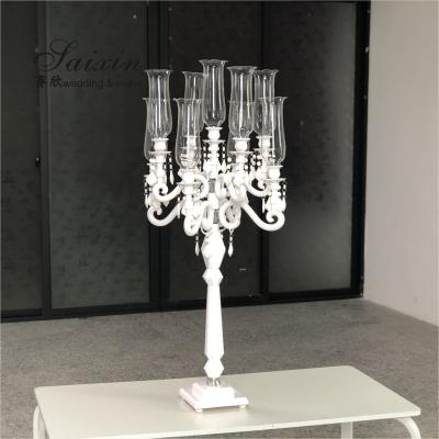 China White Crystal Candelabra 9 Arm Hurricane Glass 110cm Tall for Wedding Event Decor for sale