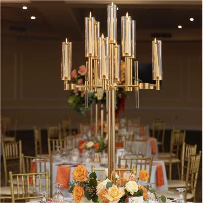 China 13 Arm Metal Gold Candelabra 150cm Tall Wedding Centerpiece Candle Holder with Glass Cups for sale