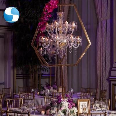 China Luxury Hexagon Gold Wrought Iron Standing Candelabra 160cm Tall Floor Candelabra for Wedding Event Decoration for sale