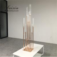 China Glass Tube Rose Gold Metal Floor Candelabra Pillar Candlesticks Tall 175cm for sale