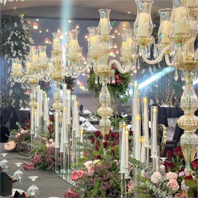 China Gold 6 Arm Cut Glass Candle Holder Candelabra 135 cm Tall Wedding Decoration for sale
