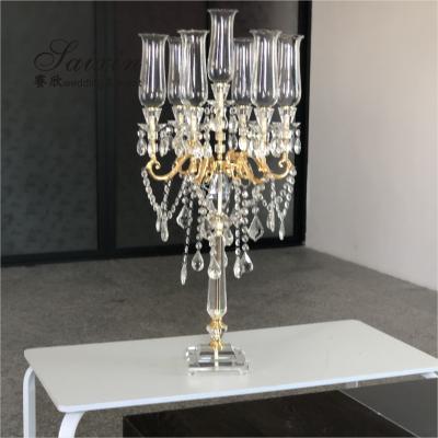 China ZT-314 Saixin Gorgeous Tall Wedding 7 Arms Beaded Crystal Candelabra 110cm Gold Silver Clear for sale