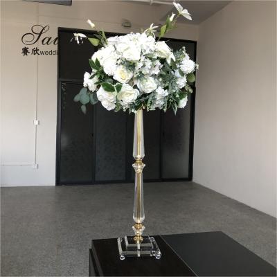 China Saixin Custom Gold Crystal Pillar Flower Stands for Wedding Event Decoration 76cm H for sale