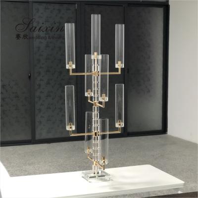 China Gold 9 Arm Crystal Candelabra 122cm Tall Wedding Decoration Candle Holder for sale
