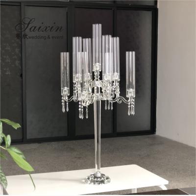 China ZT-105 Luxury Wedding Centerpiece 9 Arm Crystal Candelabra 120cm Clear for sale