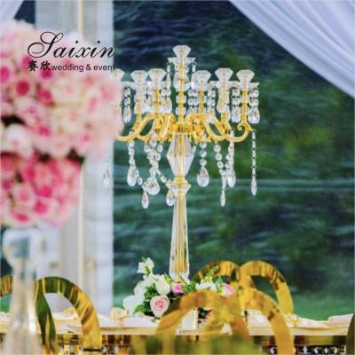 China ZT-303B 7 Arm Gold Candelabra 100cm Tall Crystal Metal Wedding Table Centerpiece for sale