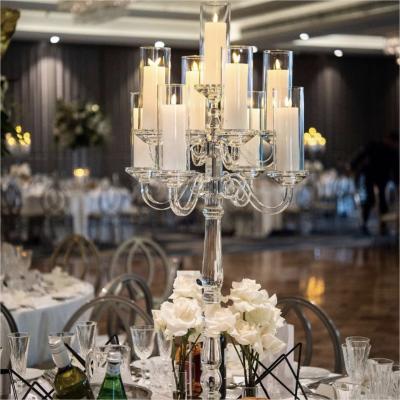 China 9 Arm Clear Crystal Votive Candelabra 105cm Tall for Wedding Table Decor for sale