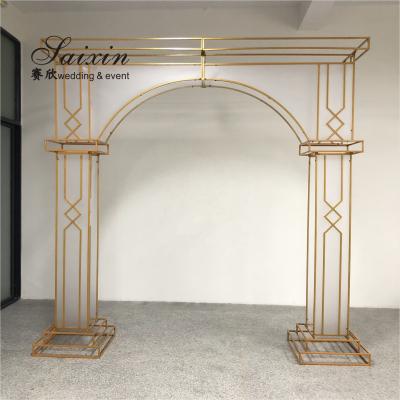 China Luxury Gold Frame White Membrane Wedding Arch 270cm x 300cm Metal PVC Backdrop Decoration for sale