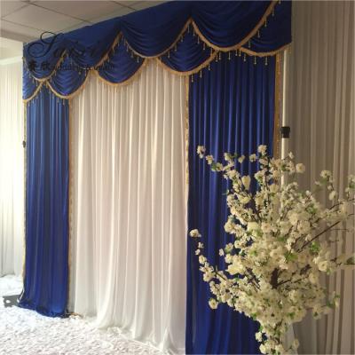 China Blue Silk Valance Curtain with Ivory Tassel 300cm Height 600cm Width for Wedding Event Decoration for sale