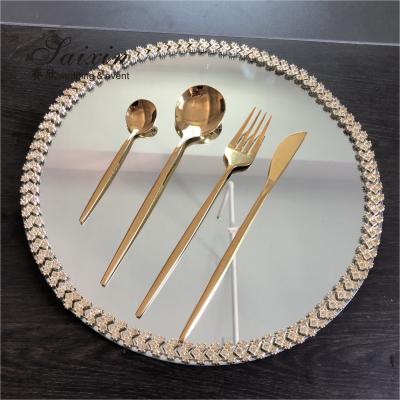 China SX-P054 Luxury Diamond Rim Mirror Glass Plate 32cm Diameter for Wedding Events and Party Table Settings for sale